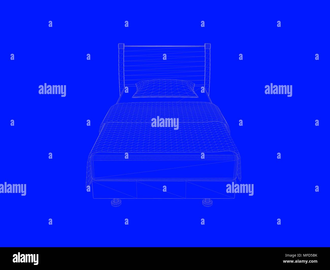 3d rendering of a bed blueprint as lines on a blue background Stock ...