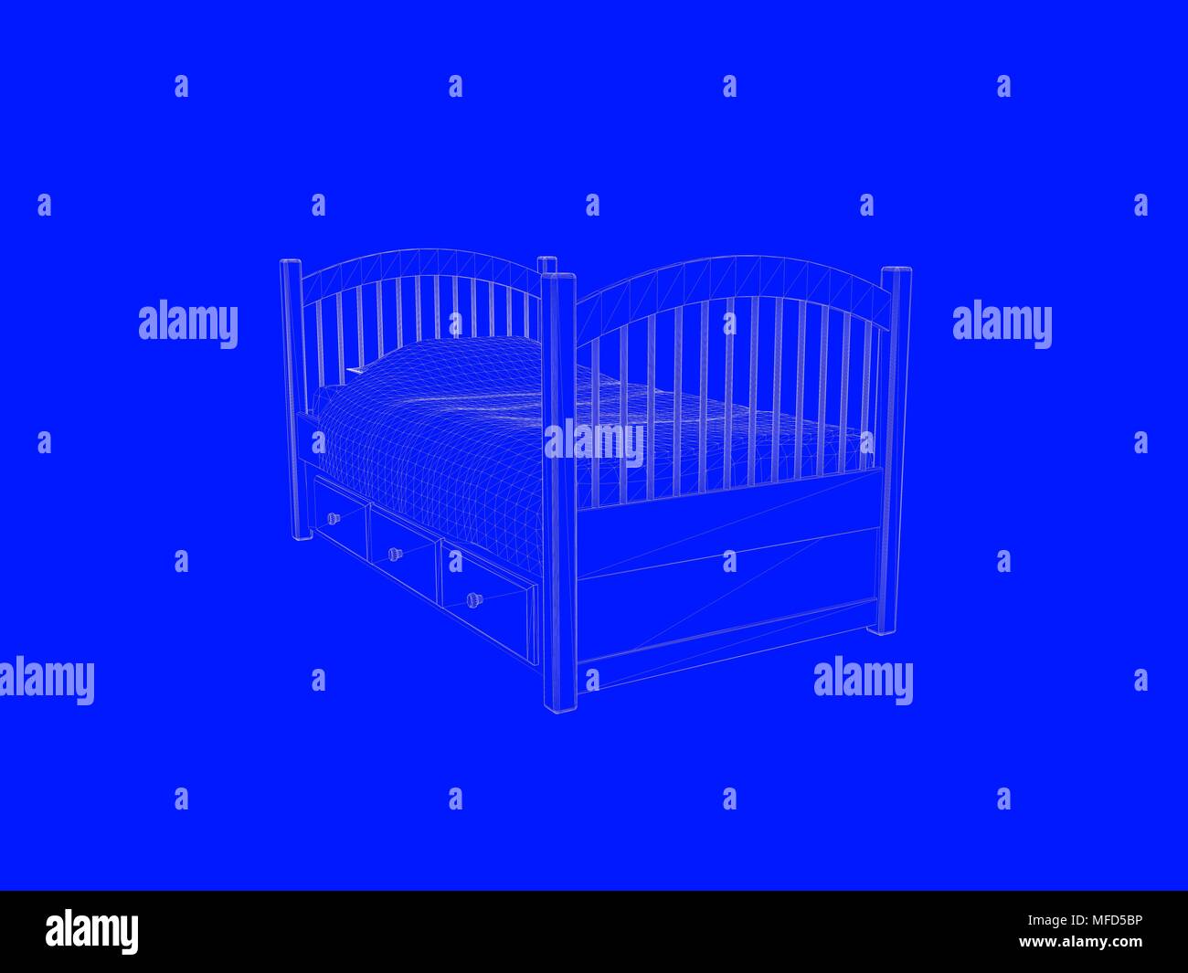 3d rendering of a bed blueprint as lines on a blue background Stock ...