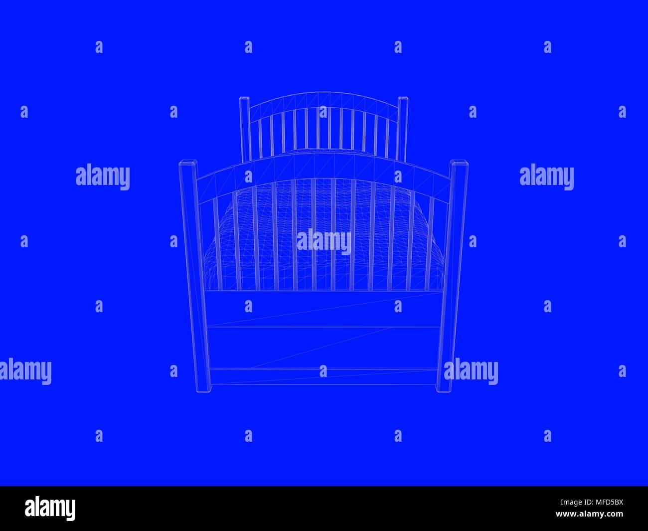 3d rendering of a bed blueprint as lines on a blue background Stock ...