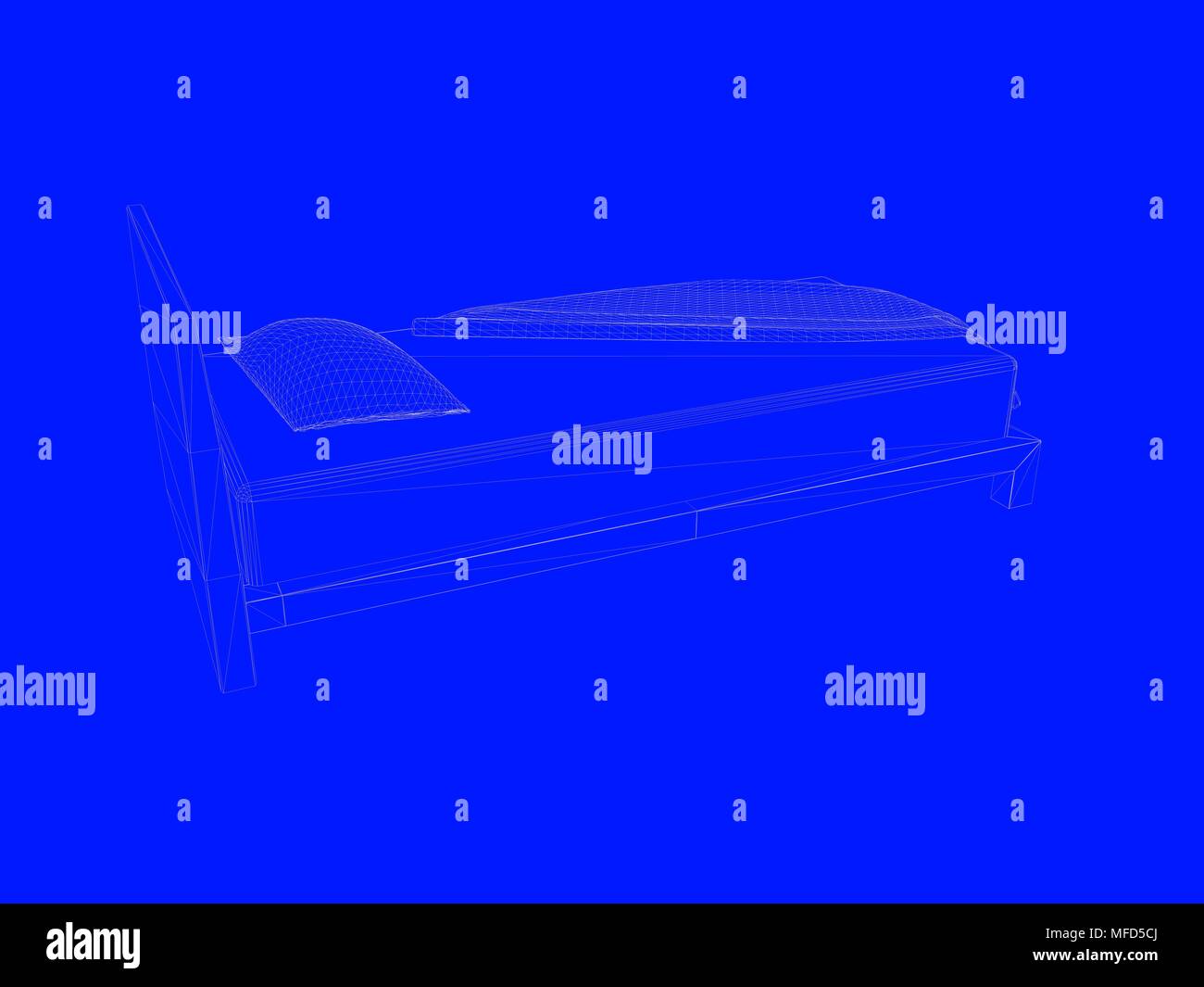 3d rendering of a bed blueprint as lines on a blue background Stock ...