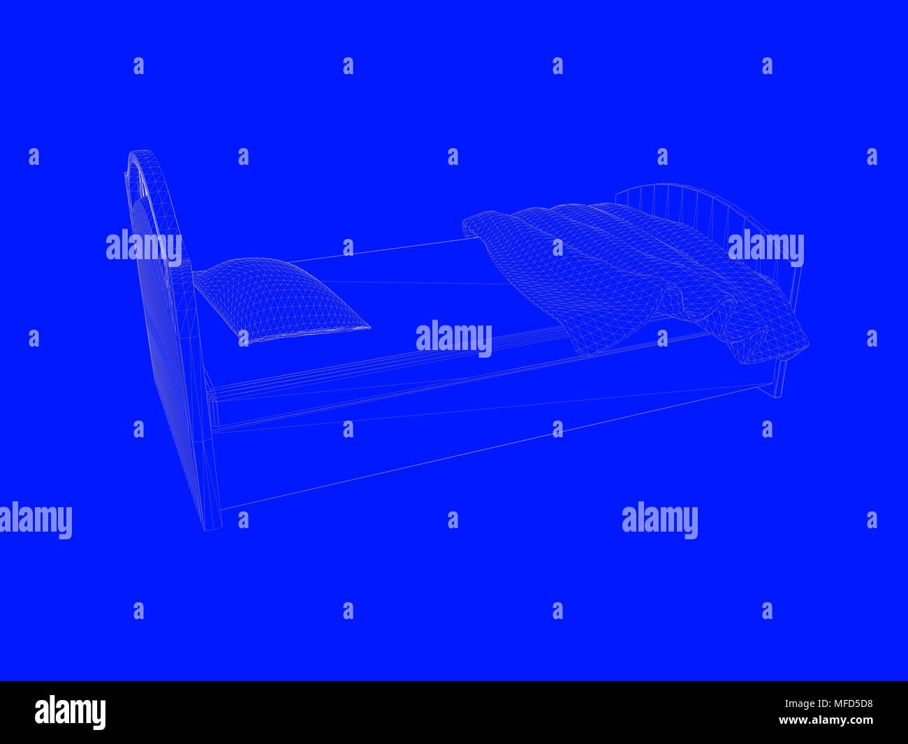 3d rendering of a bed blueprint as lines on a blue background Stock ...