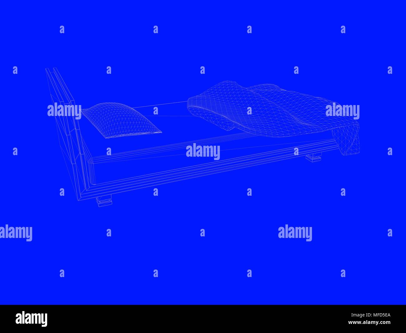 3d rendering of a bed blueprint as lines on a blue background Stock ...
