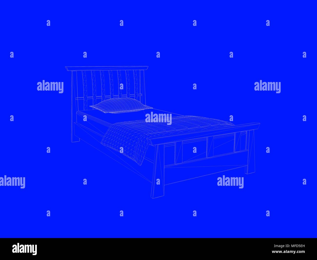 3d rendering of a bed blueprint as lines on a blue background Stock ...