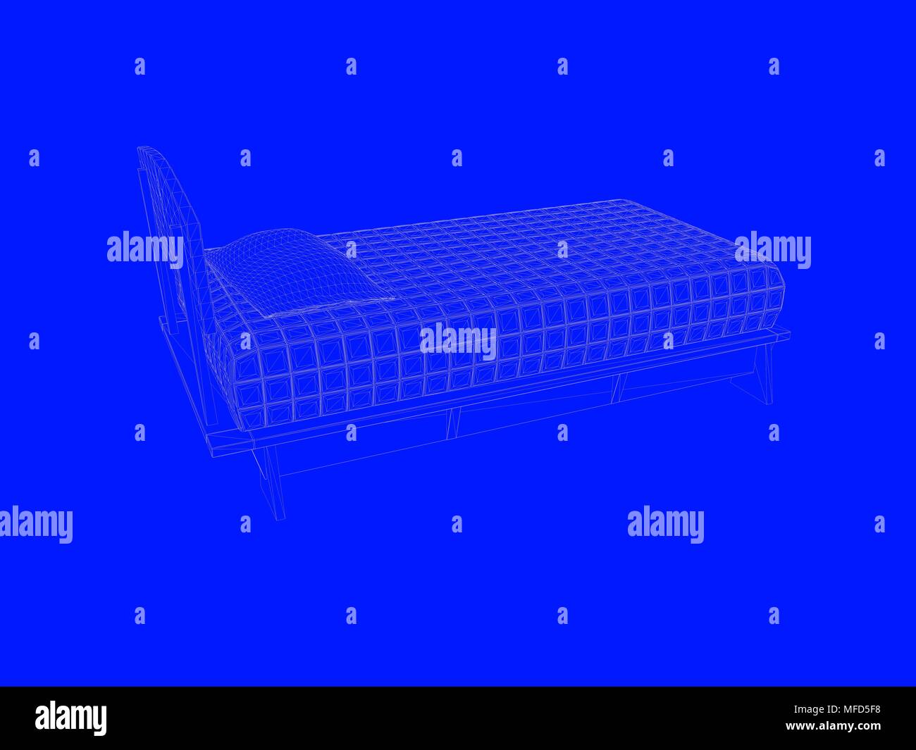 3d rendering of a bed blueprint as lines on a blue background Stock ...