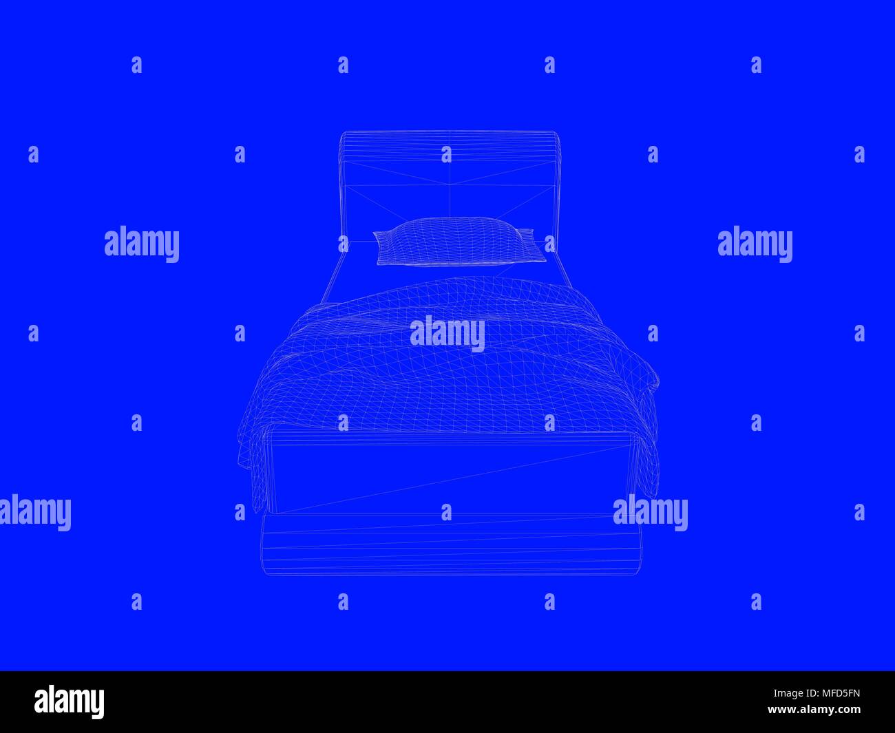 3d rendering of a bed blueprint as lines on a blue background Stock ...