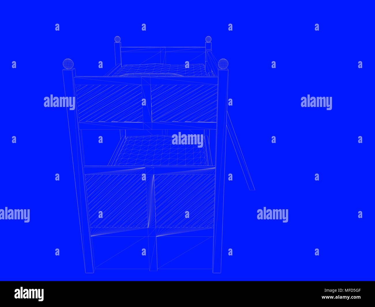 3d rendering of a bed blueprint as lines on a blue background Stock ...