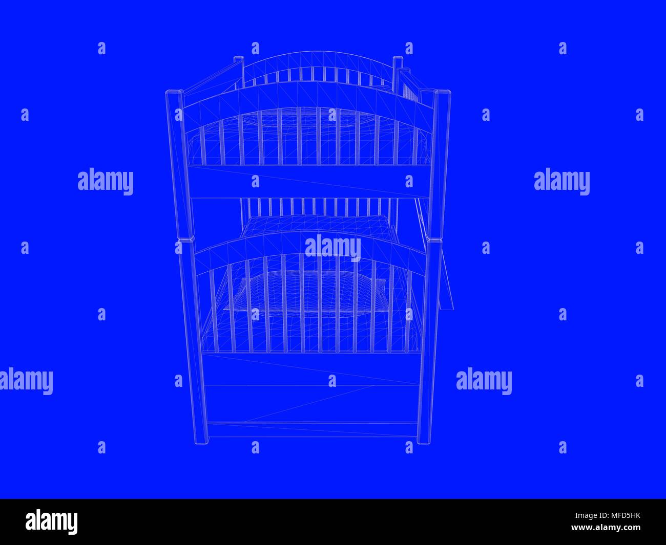 3d rendering of a bed blueprint as lines on a blue background Stock ...