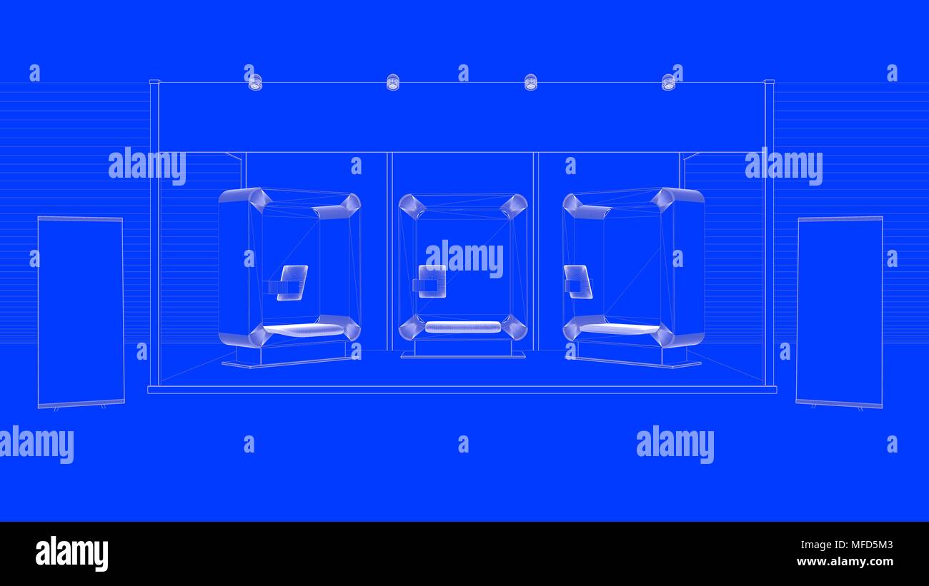 3d rendering of a lined blueprint exhibition design with booths Stock ...