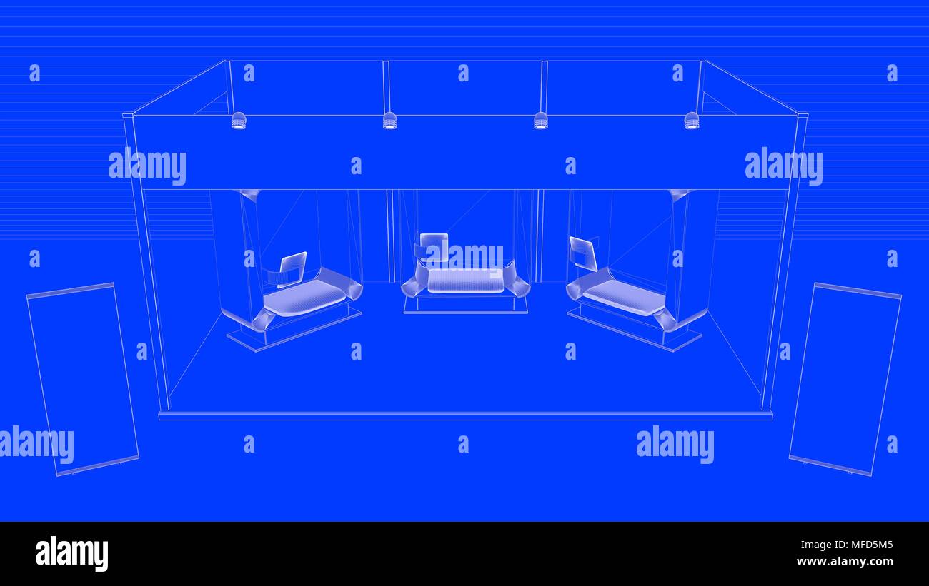 3d rendering of a lined blueprint exhibition design with booths Stock ...
