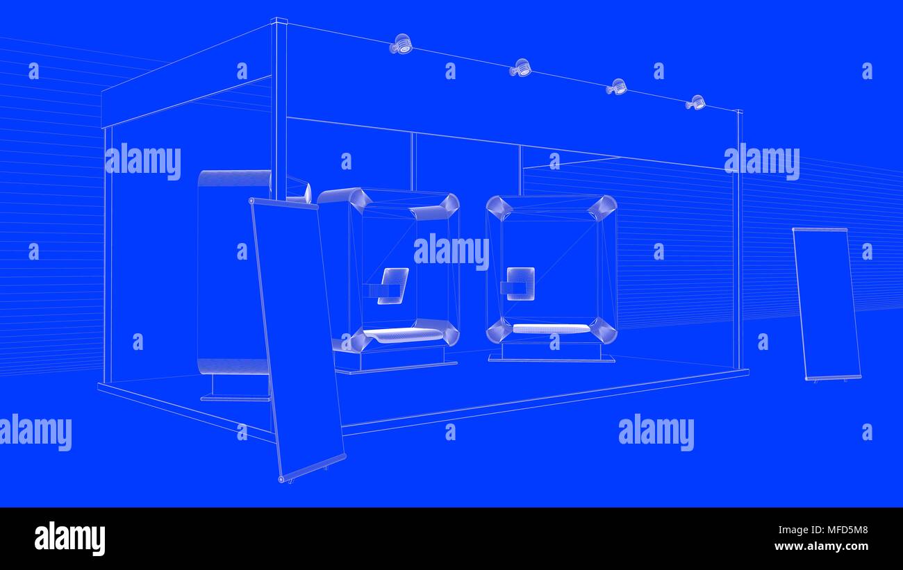 3d rendering of a lined blueprint exhibition design with booths Stock ...