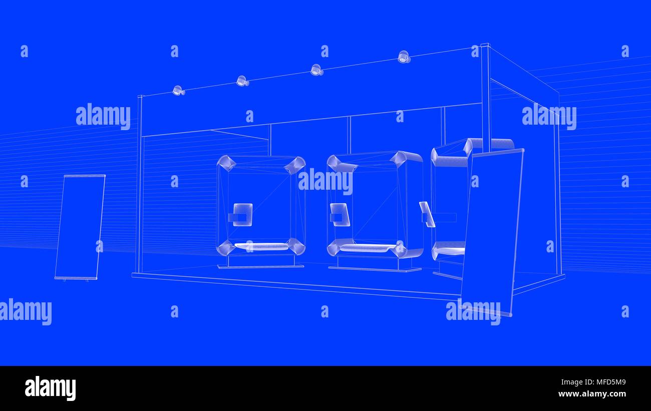 3d rendering of a lined blueprint exhibition design with booths Stock ...