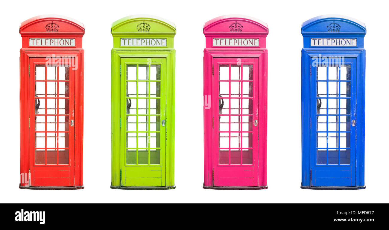 traditional London telephone cabin in many colors isolated on white ...