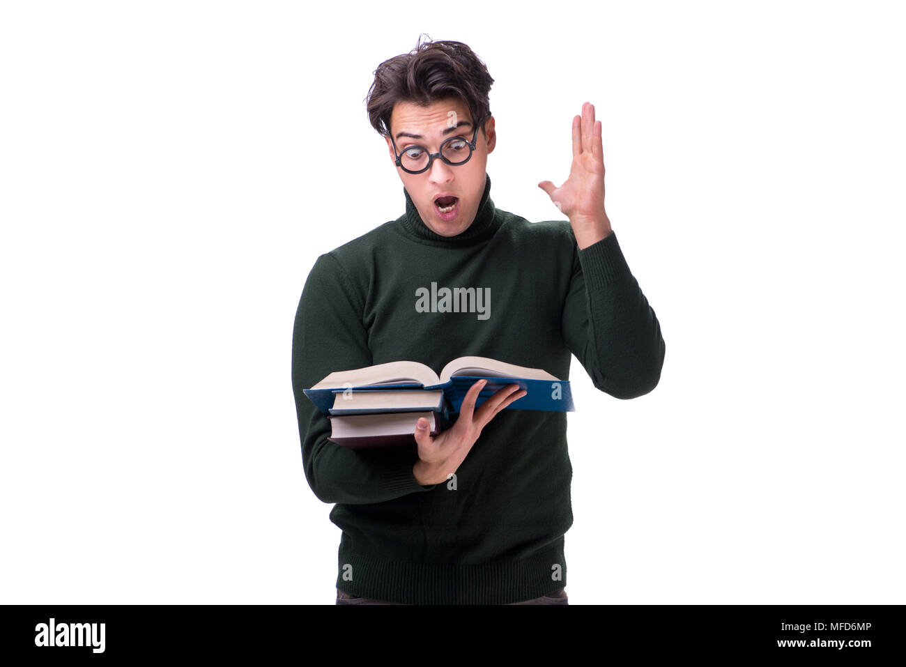 Nerd young student with books isolated on white Stock Photo - Alamy