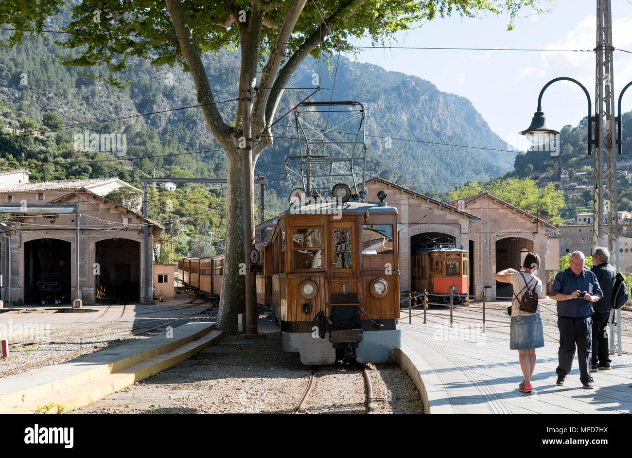 Soller Station, Mallorca, Spain. April 2018. Electric locomotive ...