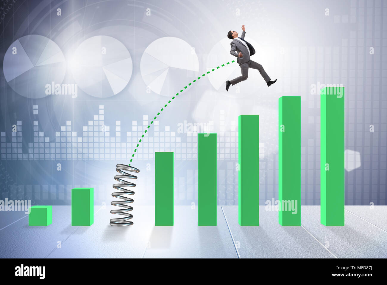 Business people jumping over bar charts Stock Photo - Alamy