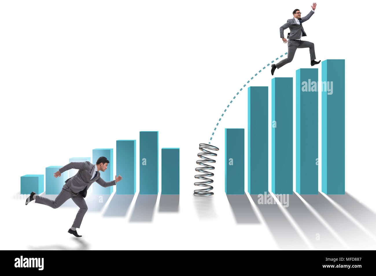 Business people jumping over bar charts Stock Photo - Alamy