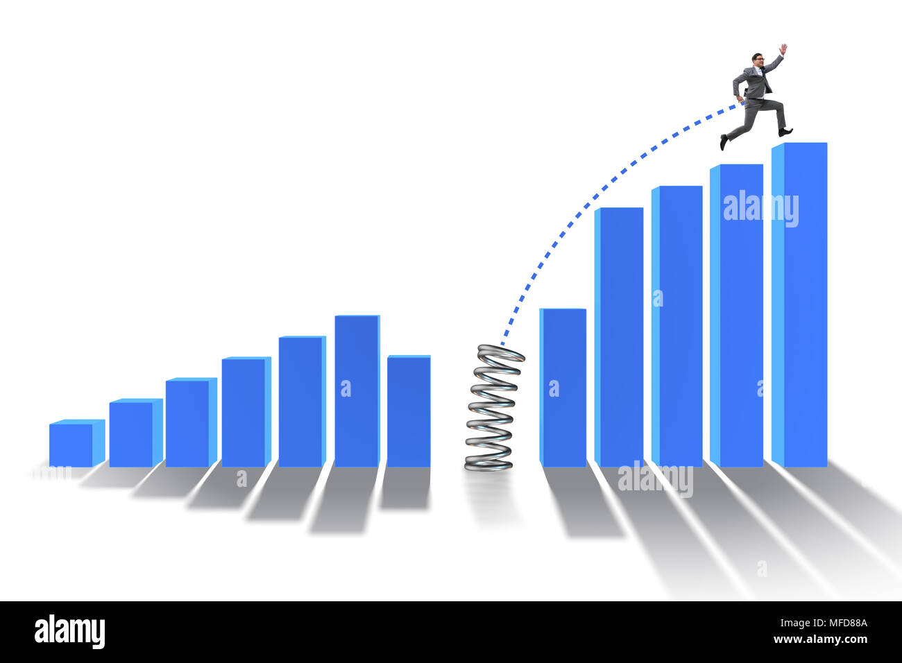 Business people jumping over bar charts Stock Photo - Alamy