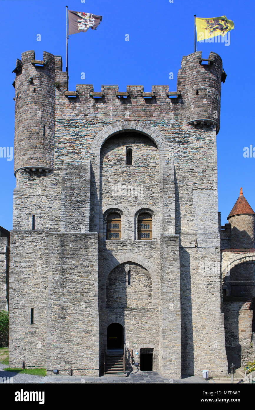 The keep of the medieval Gravensteen Castle (1180), former seat of the ...