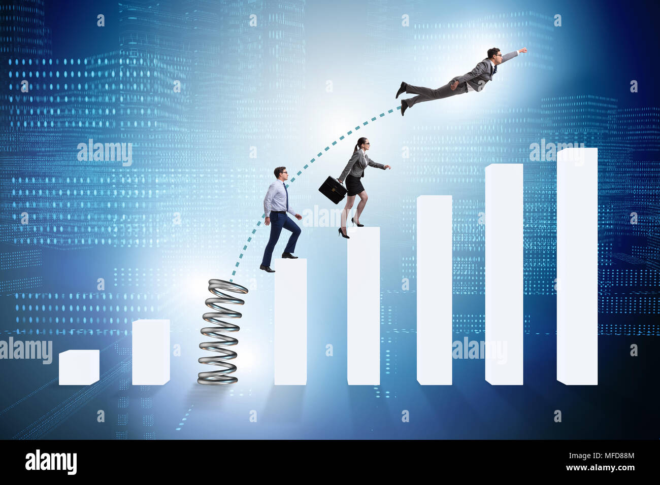 Business people jumping over bar charts Stock Photo - Alamy