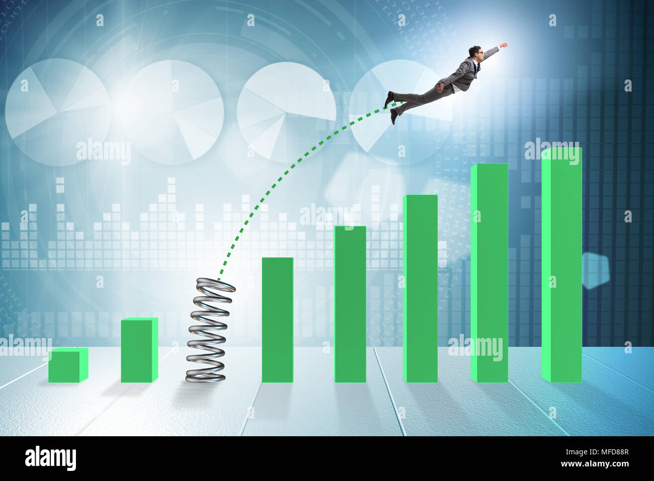 Business people jumping over bar charts Stock Photo - Alamy