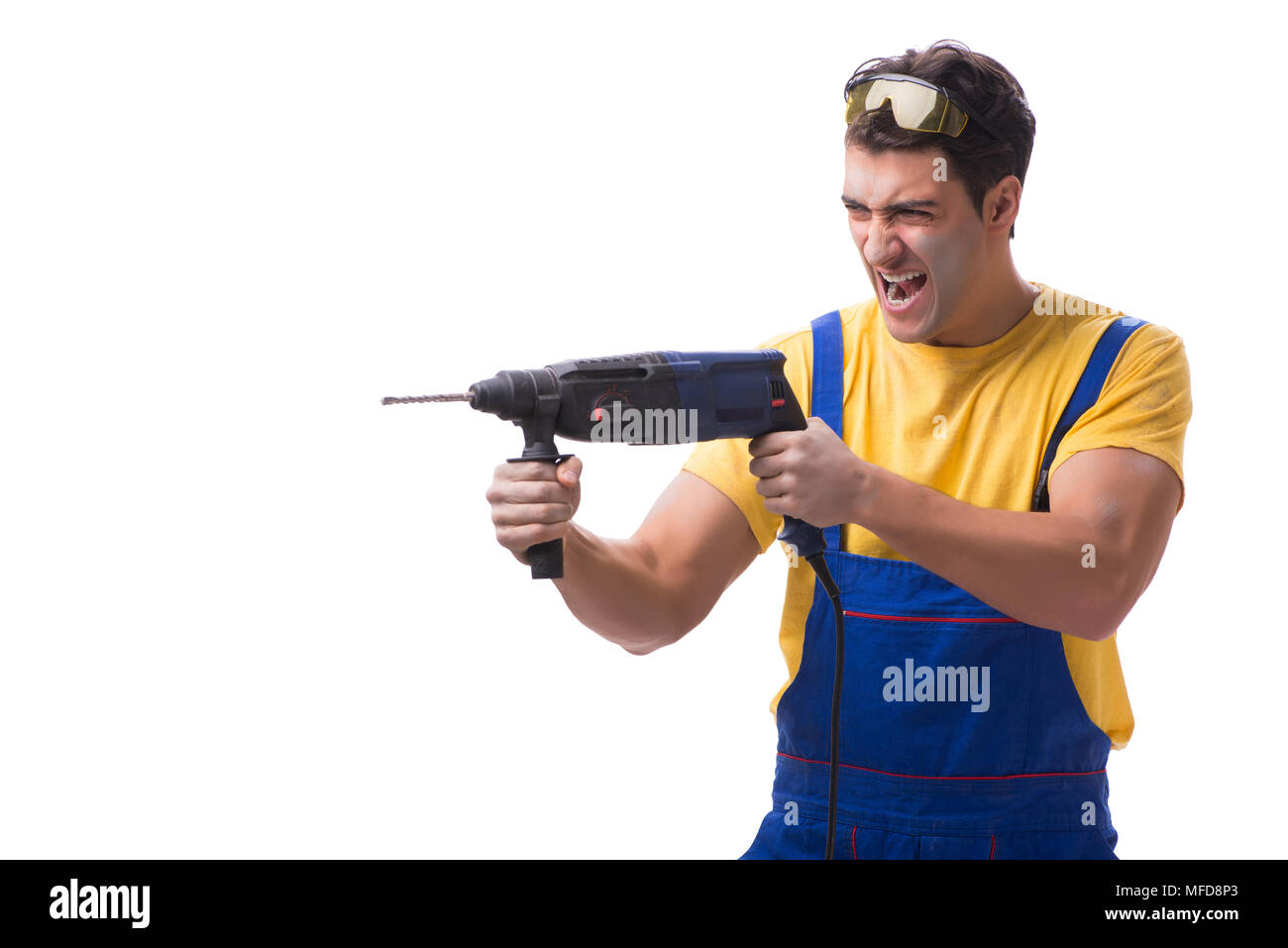 Contractor employee with hand power drill on white background Stock ...