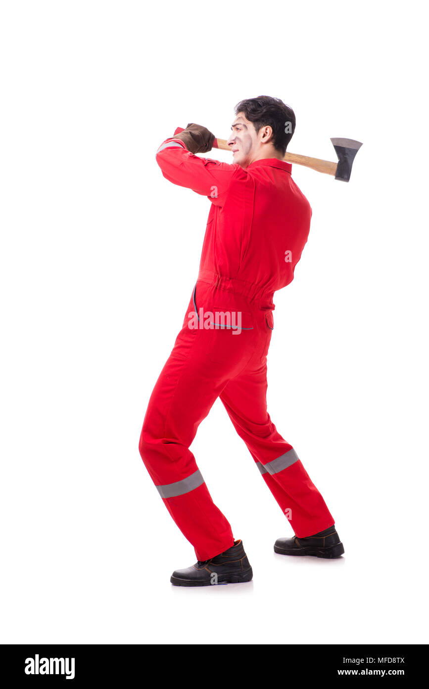 Contractor employee with axe on white background Stock Photo - Alamy