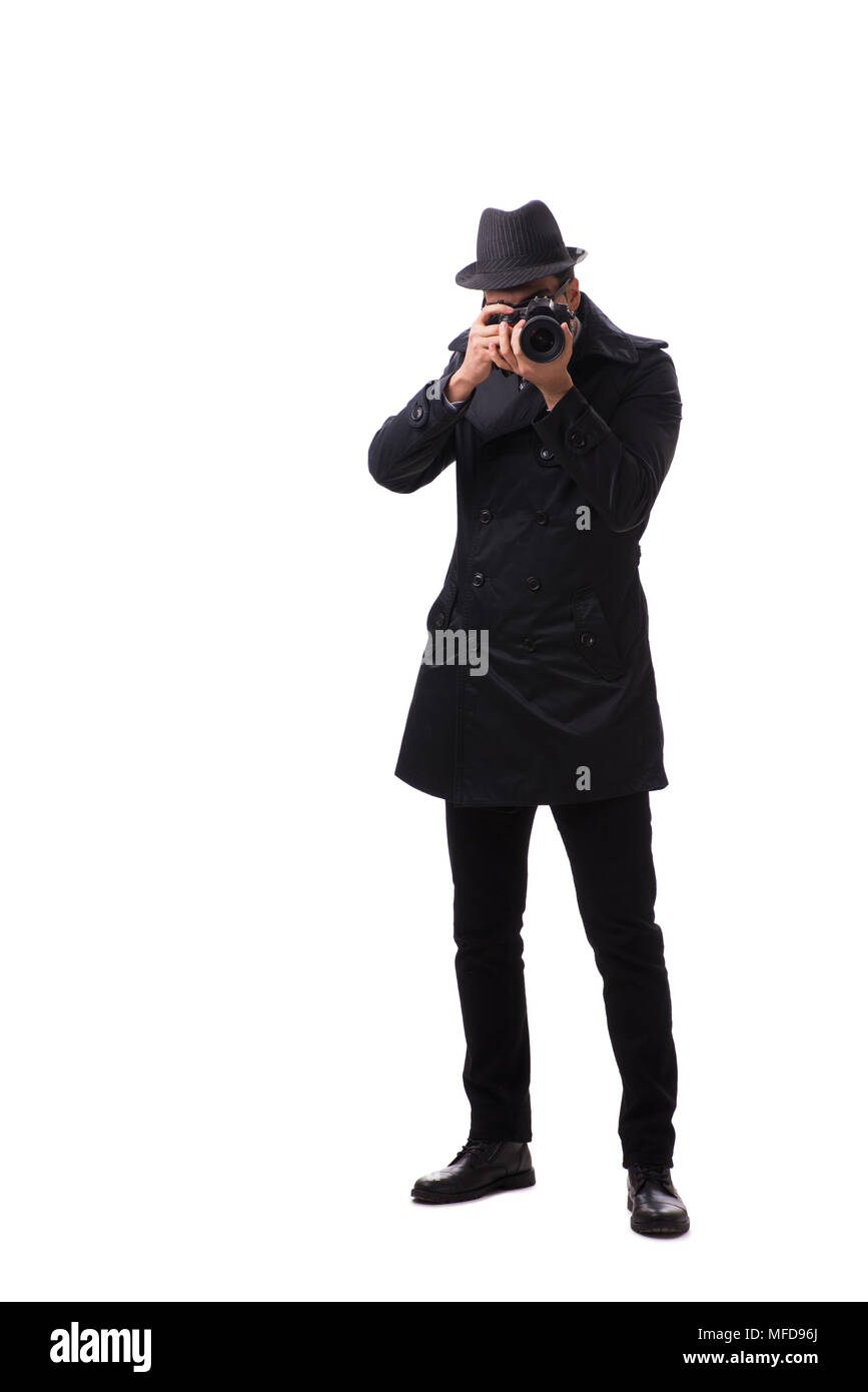 Spy with camera taking pictures isolated on white Stock Photo - Alamy