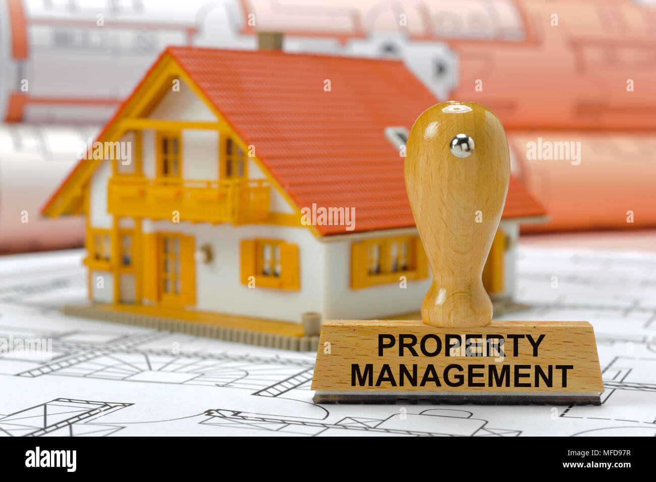 property management printed on rubber stamp with model house and plan ...