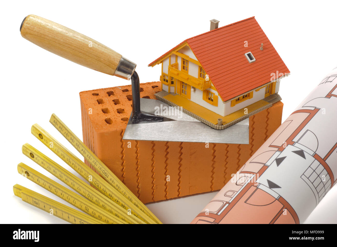 brick for house construction and tools isolated over white background ...