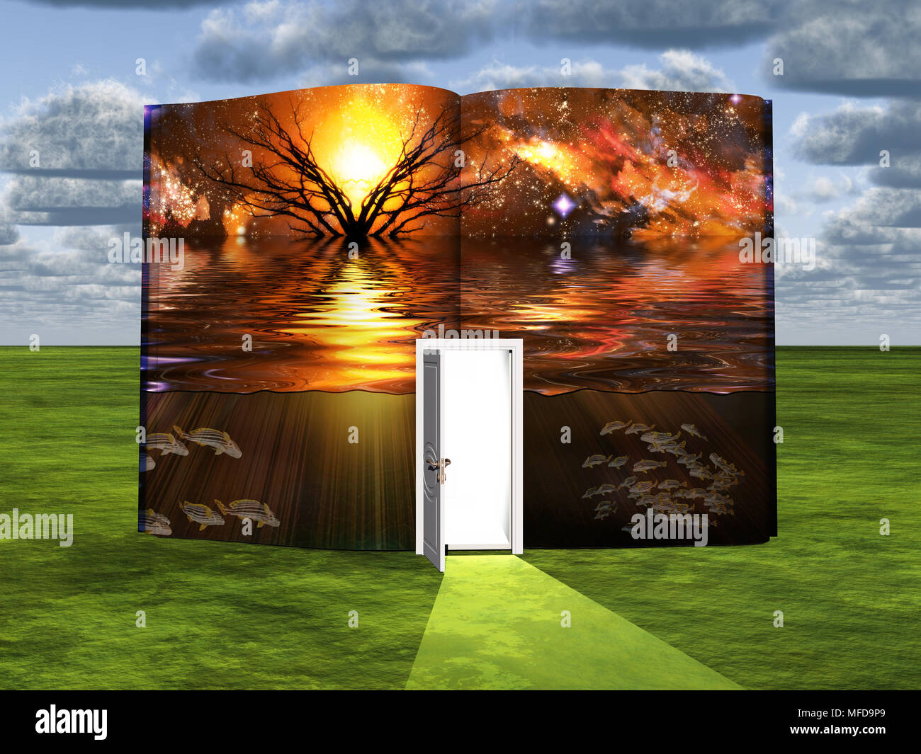 Surrealism. Book with opened door and sunset over the sea Stock Photo ...