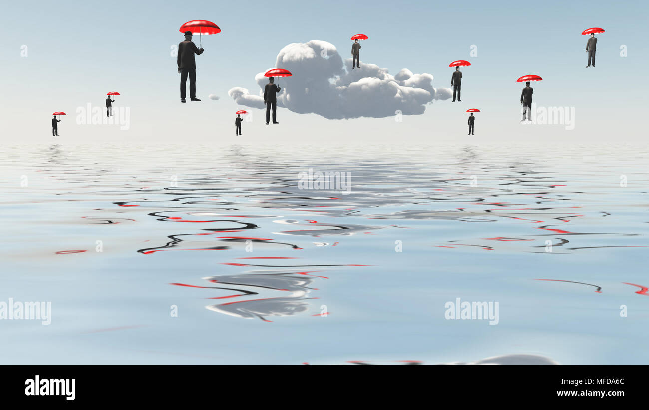 Surreal composition. Floating Men with Umbrellas above water Stock ...