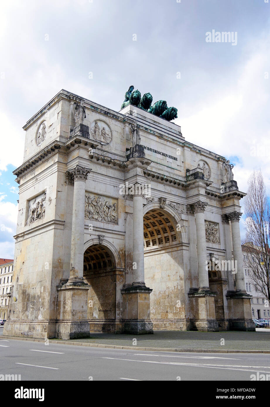 The Siegestor, a three arched Triumphal Arch in Munich surmounted by a ...