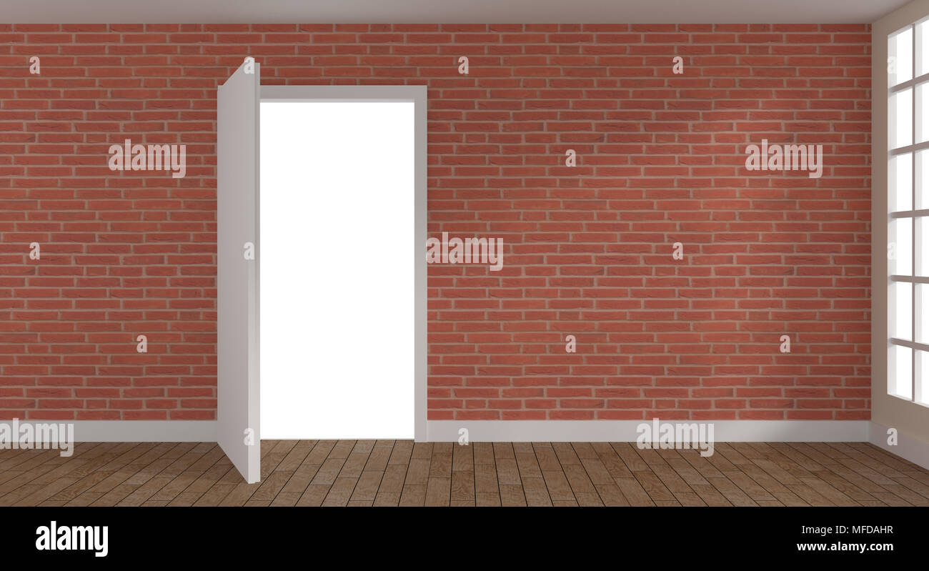 Open door in a modern room with a brick wall and wooden floor, 3d ...