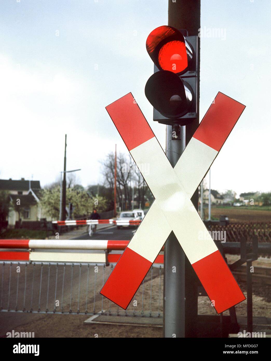 View of a signal system with a warning cross (St. Andrew's cross) at a ...