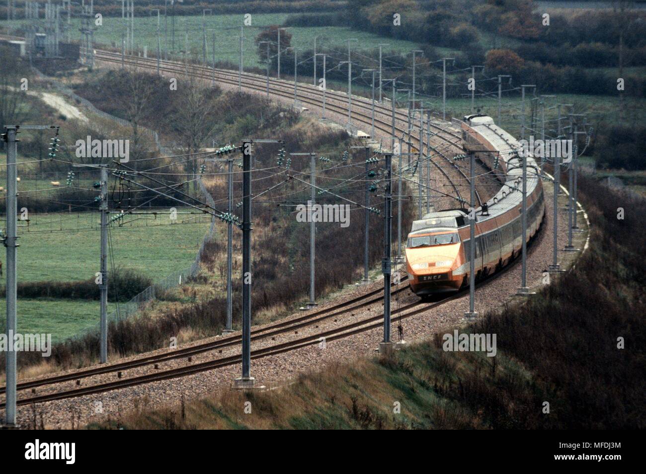 A modern TGV express train on the new line between Lyon and Paris ...