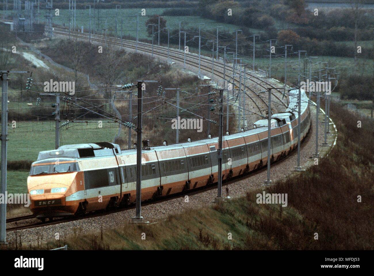 A modern TGV express train on the new line between Lyon and Paris ...