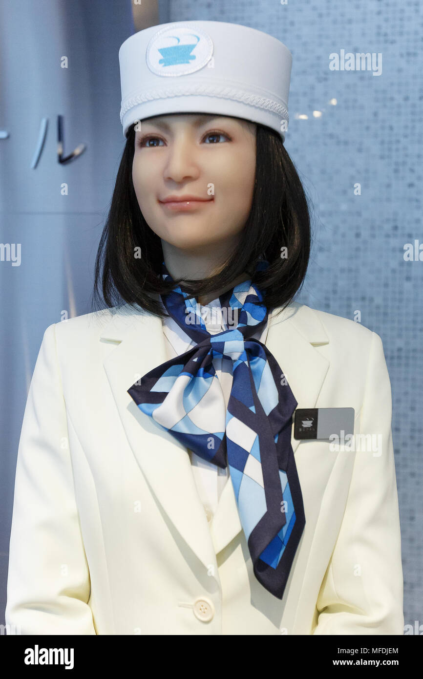 A humanoid robot working at the front desk of Henn-na Hotel ...