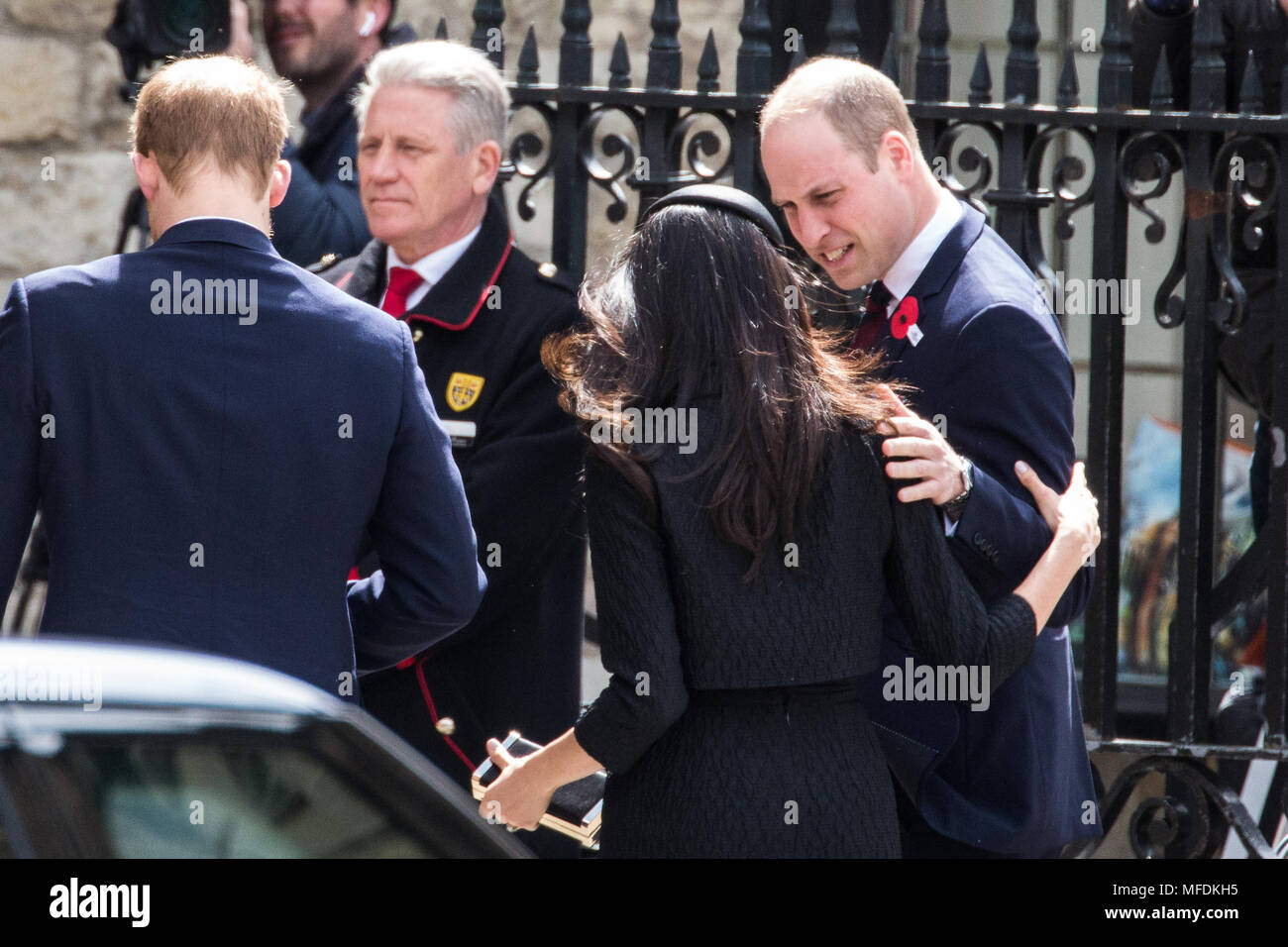 London, UK. 25th April, 2018. Prince William greets Meghan Markle as ...