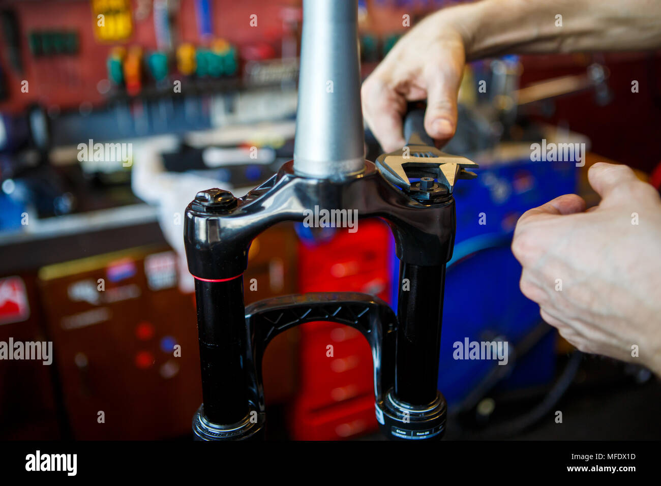 Image of workshop for fixing bicycle Stock Photo - Alamy