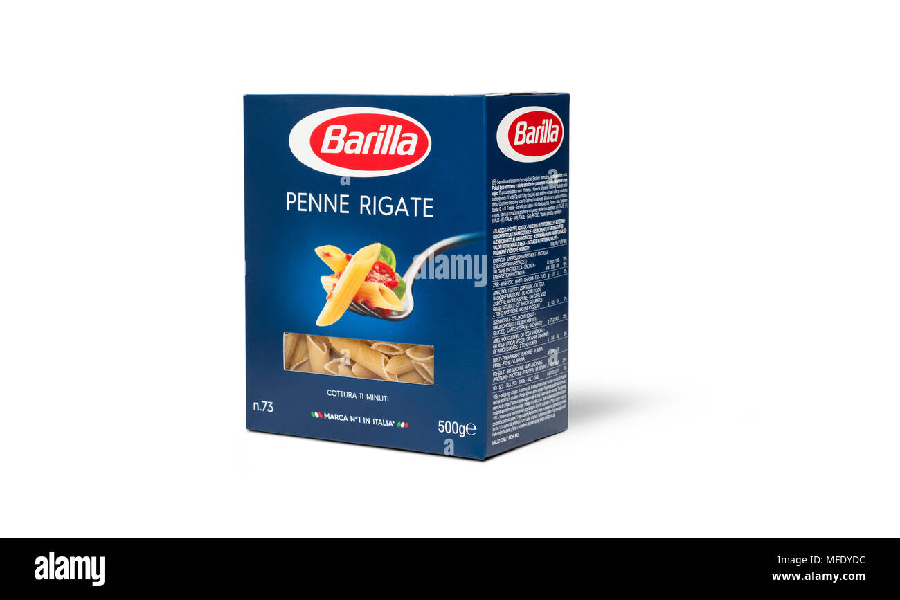 CHISINAU, MOLDOVA - April 20, 2018: Barilla Penne Rigate Italian pasta ...