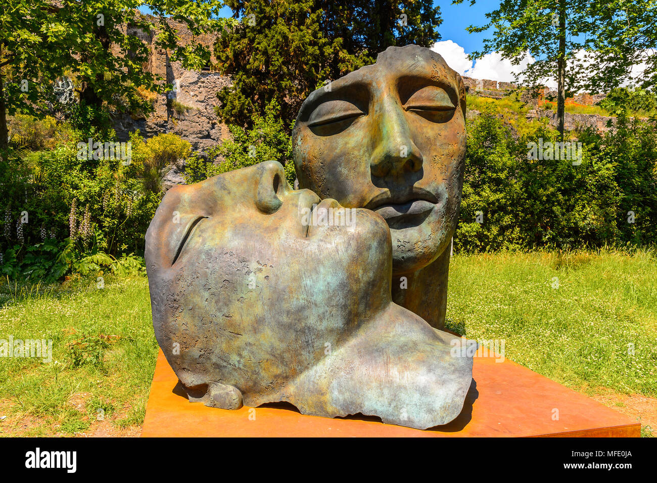 Statues of faces in Pompeii, an ancient Roman town destroyed by the ...