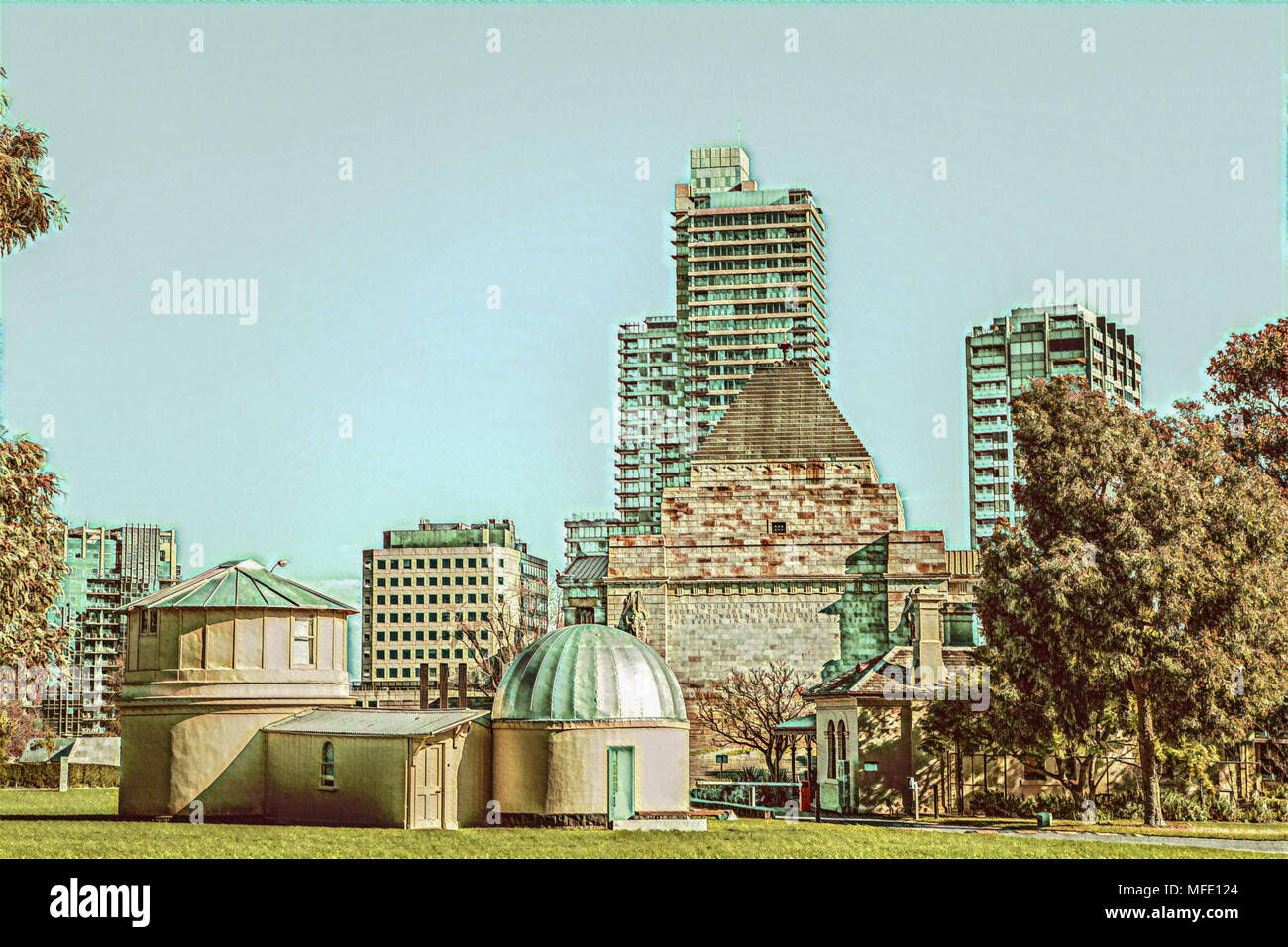 Melbourne Observatory with skyscrapers - creative illustration Stock ...