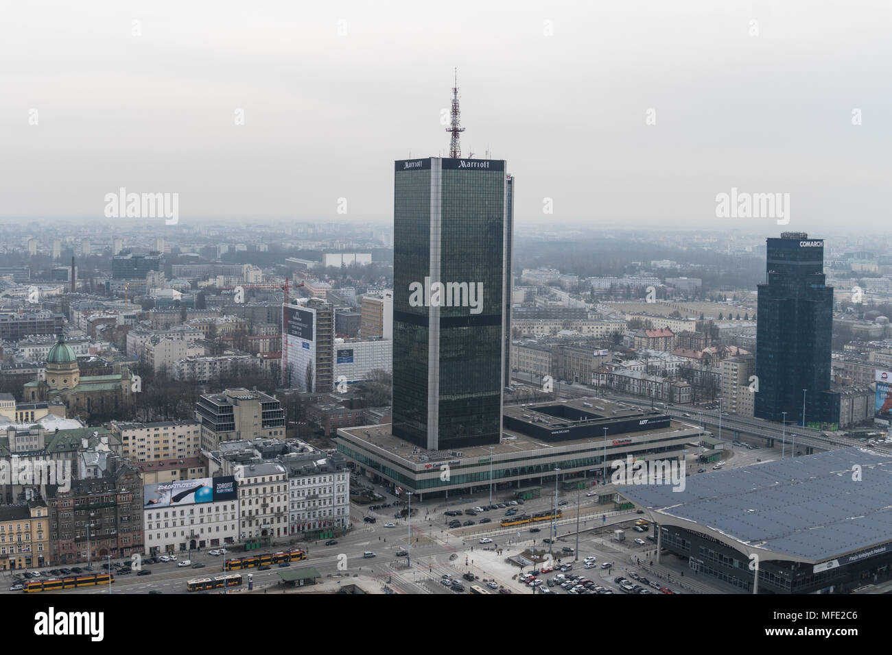 Warsaw, Poland - March 5 2018: Aerial view of Warsaw City center with ...