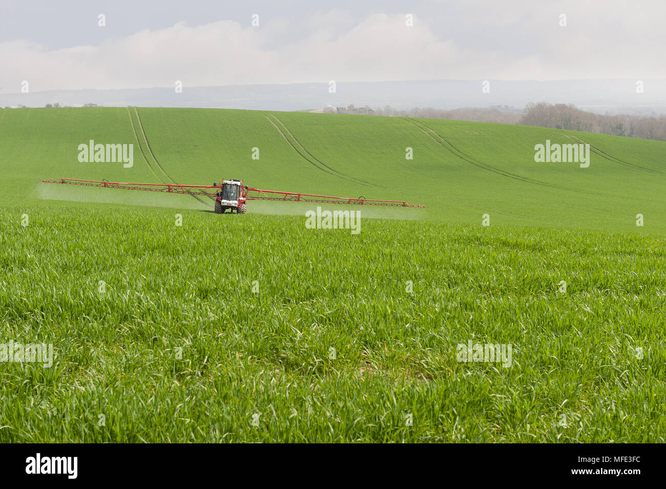 Crop spraying with fertilisers, insecticides on large rolling field of ...