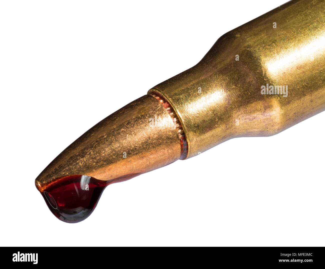 Bullet on an assault rifle cartridge with a drop of blood Stock Photo ...