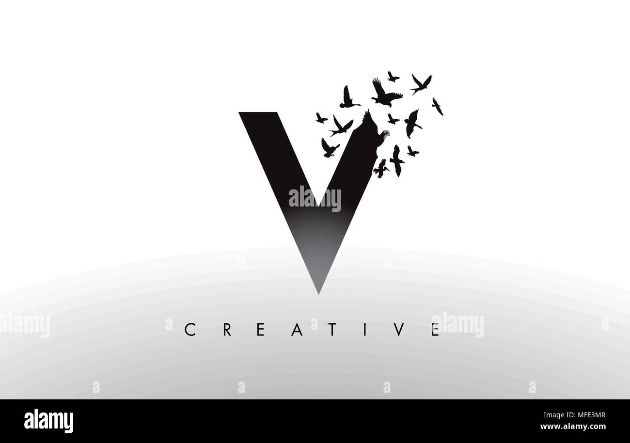 V Logo Letter with Flying Flock of Birds Disintegrating from the Letter ...