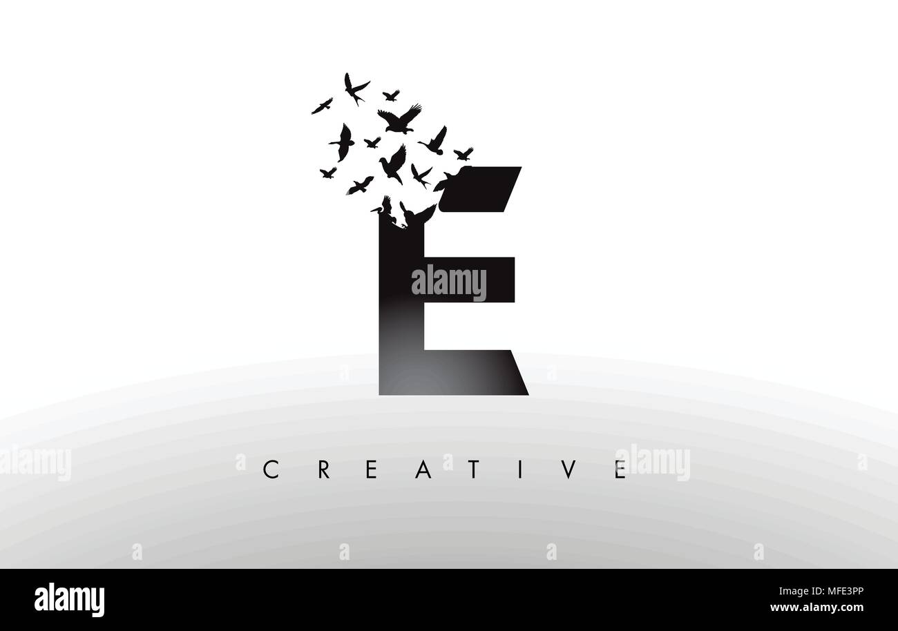 E Logo Letter with Flying Flock of Birds Disintegrating from the Letter ...