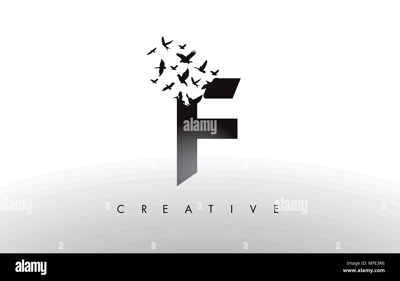 F Logo Letter with Flying Flock of Birds Disintegrating from the Letter ...