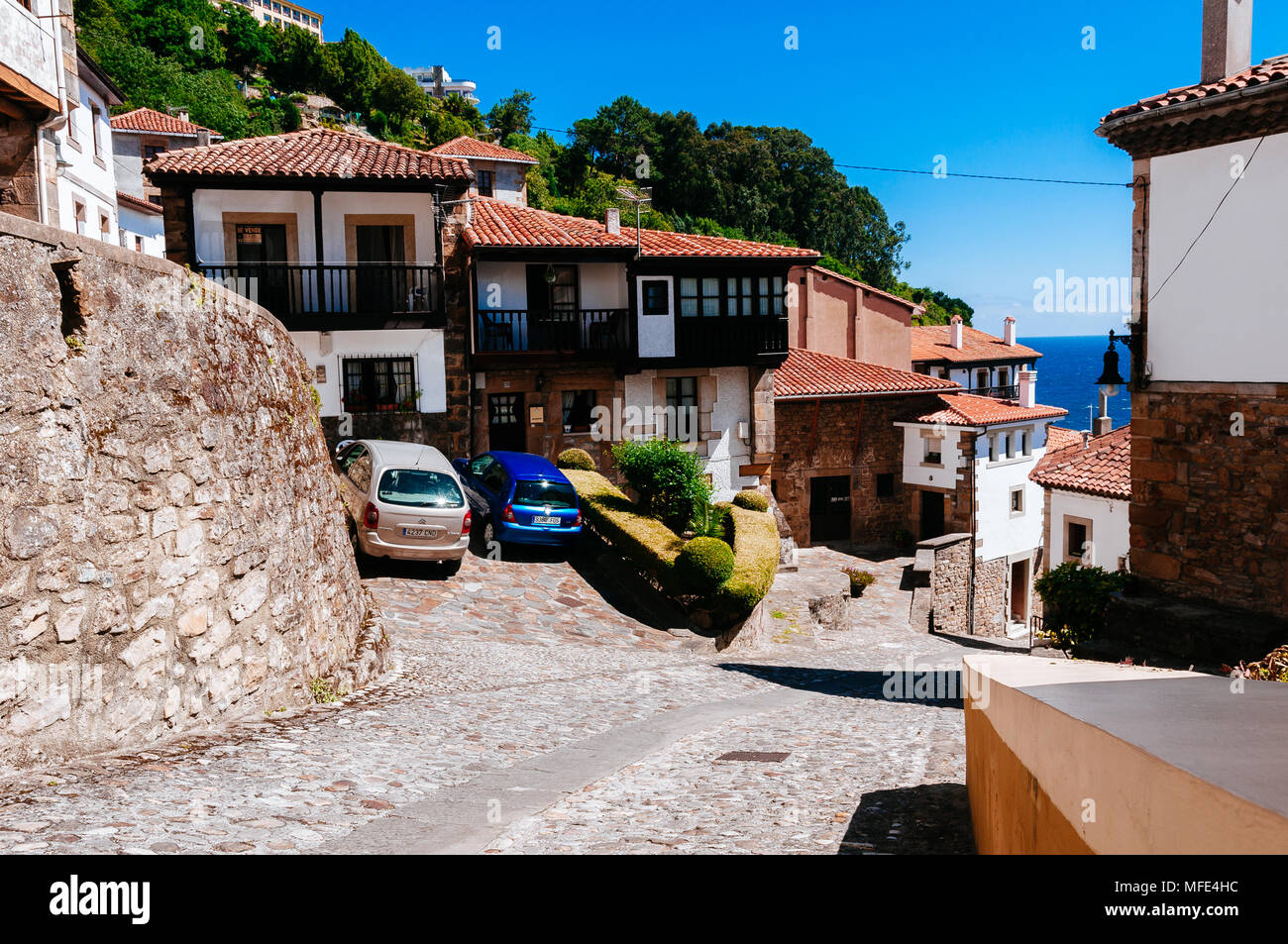 Typical houses in narrow cobbled streets. Lastres, Asturias, Spain ...