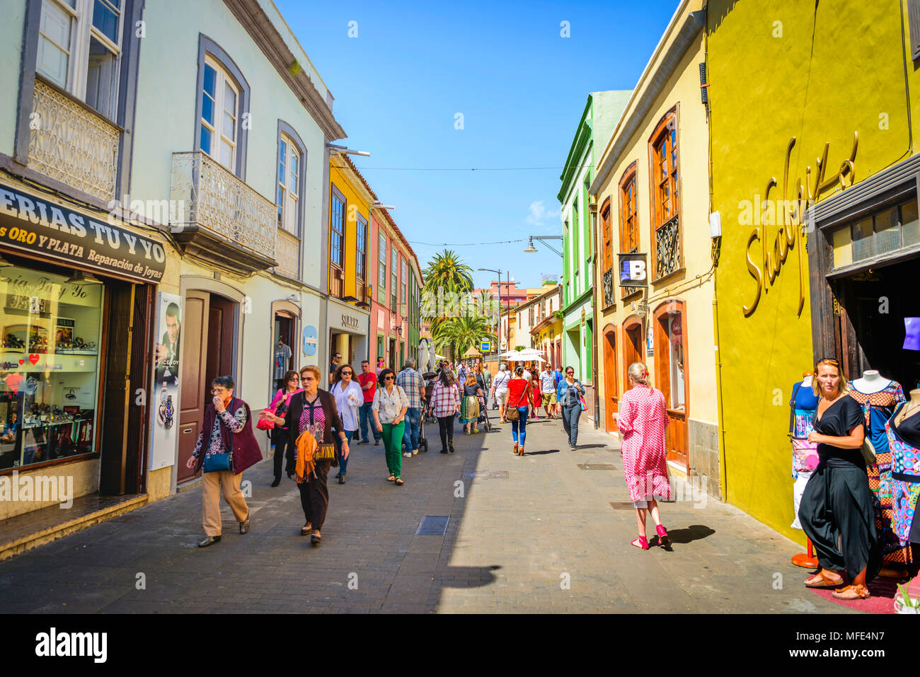 Lively alley with typical colorful houses in the pedestrian area, old ...